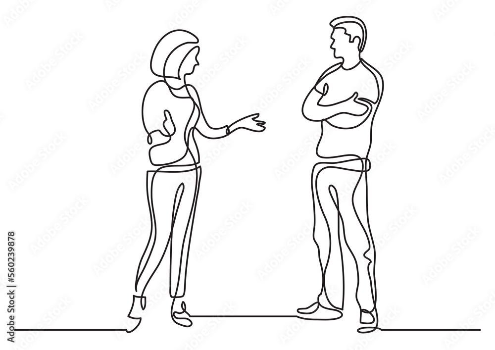 continuous line drawing two coworkers standing talking - PNG image with ...