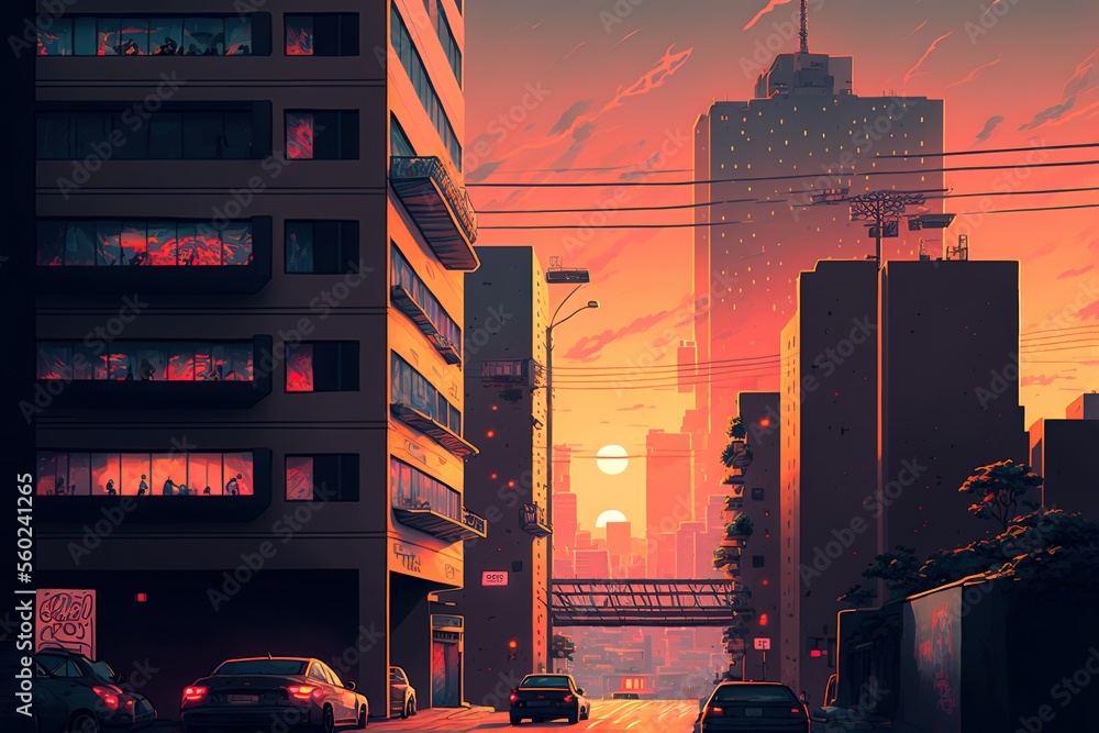 An anime style city street on a bright sunset, lofi cartoon anime style ...