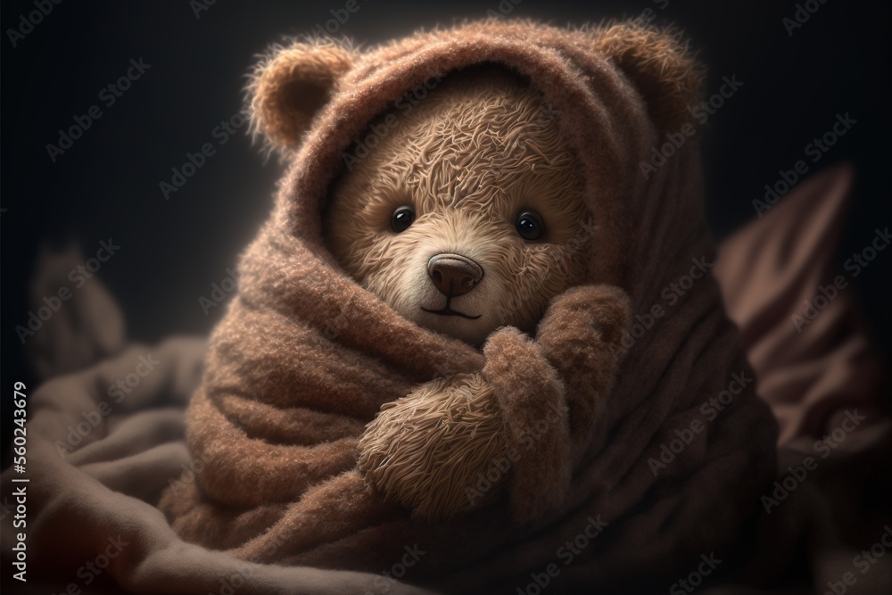 a teddy bear wrapped in a blanket on a bed with a blanket over it's ...