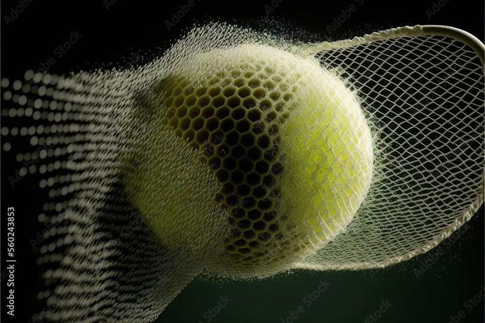 a tennis ball is hitting a net with it's back end in motion, with a ...