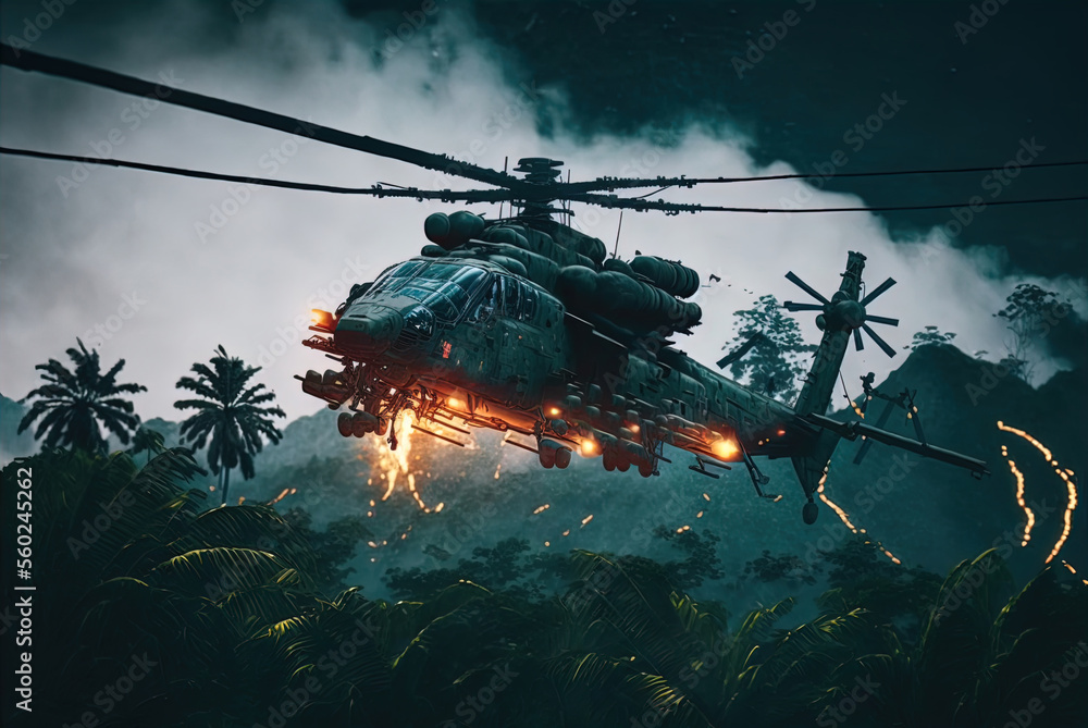 Helicopter gunship rains down missile and machine gun fire. Action ...