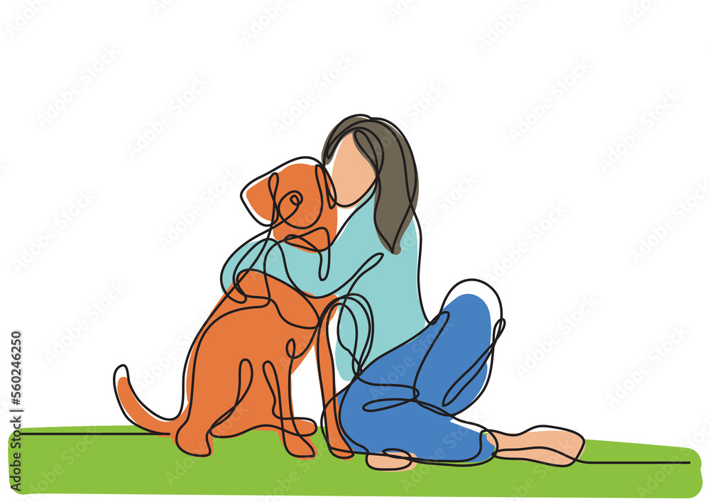 continuous line drawing woman with dog colored - PNG image with ...