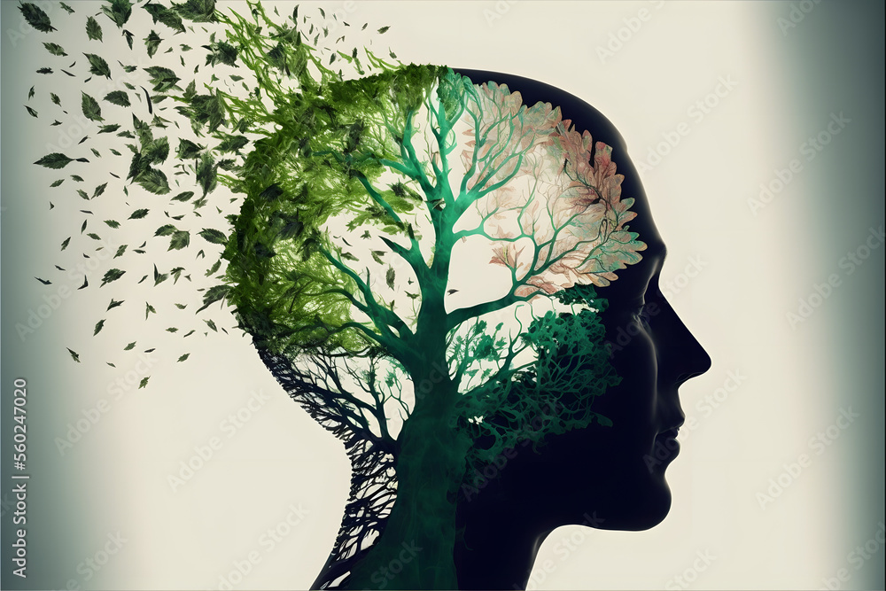 green environment sustainability mind thinking concept, head silhouette ...