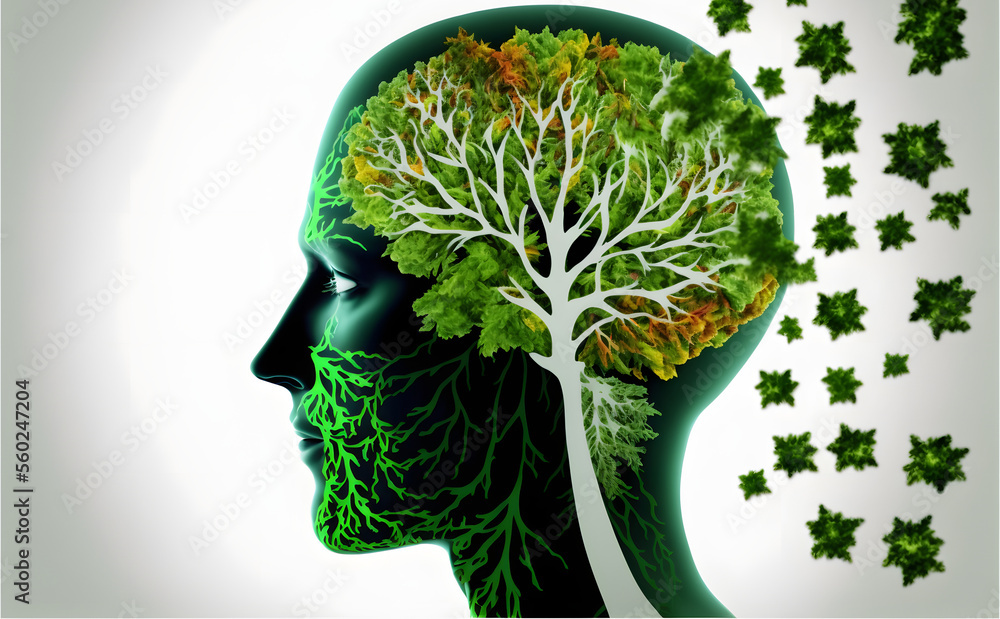 green environment sustainability mind thinking concept, head silhouette ...