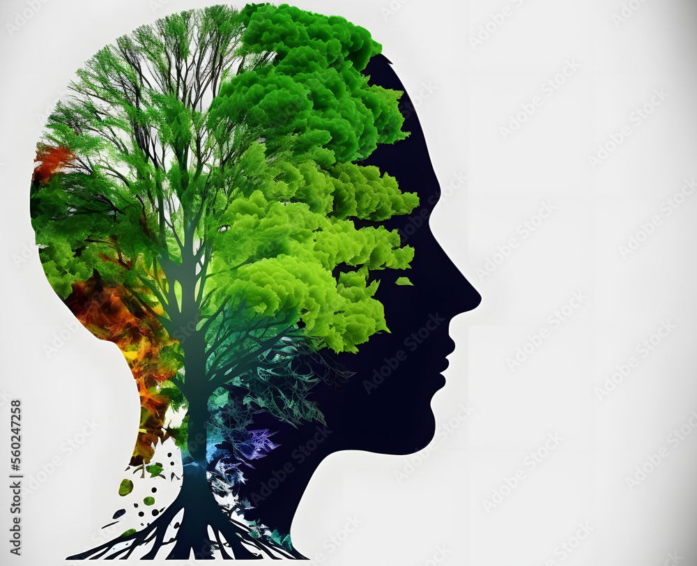 green environment sustainability mind thinking concept, head silhouette ...