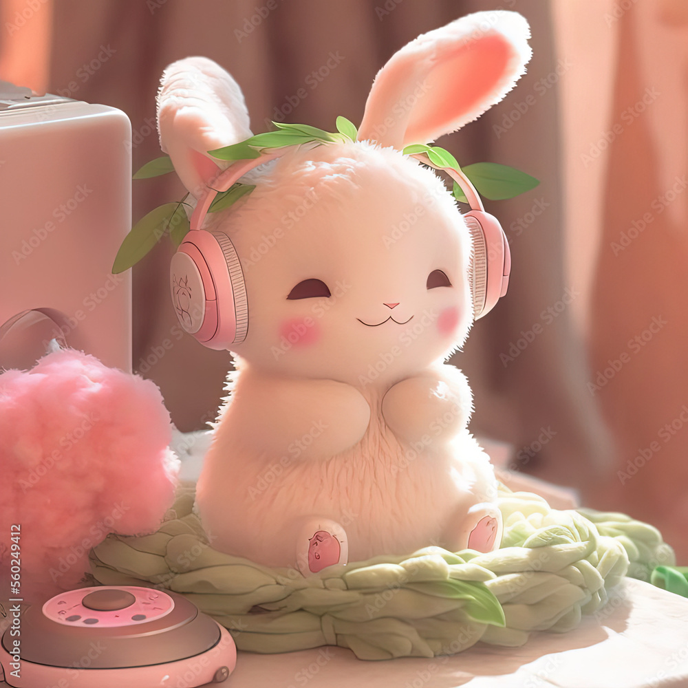 Cute Adorable Fluffy Bunny Listening to Music Wearing Headphones ...