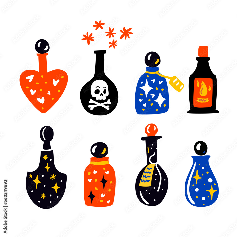 Magic potion bottles set. Love potion, death poison in different ...