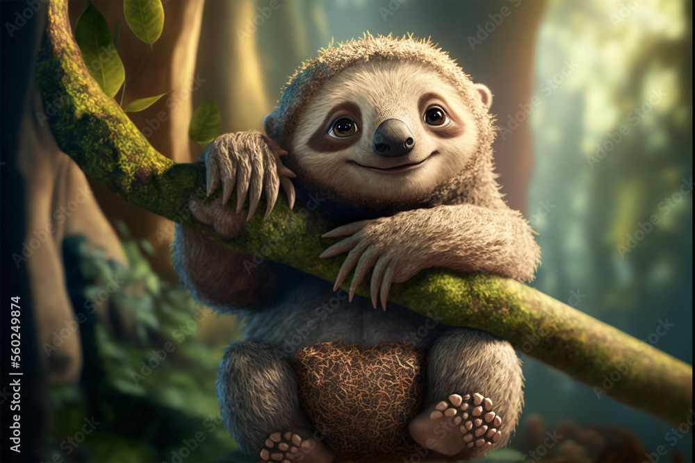 Cute sloth clinging to bamboo tree,animation,created with generative Aİ ...