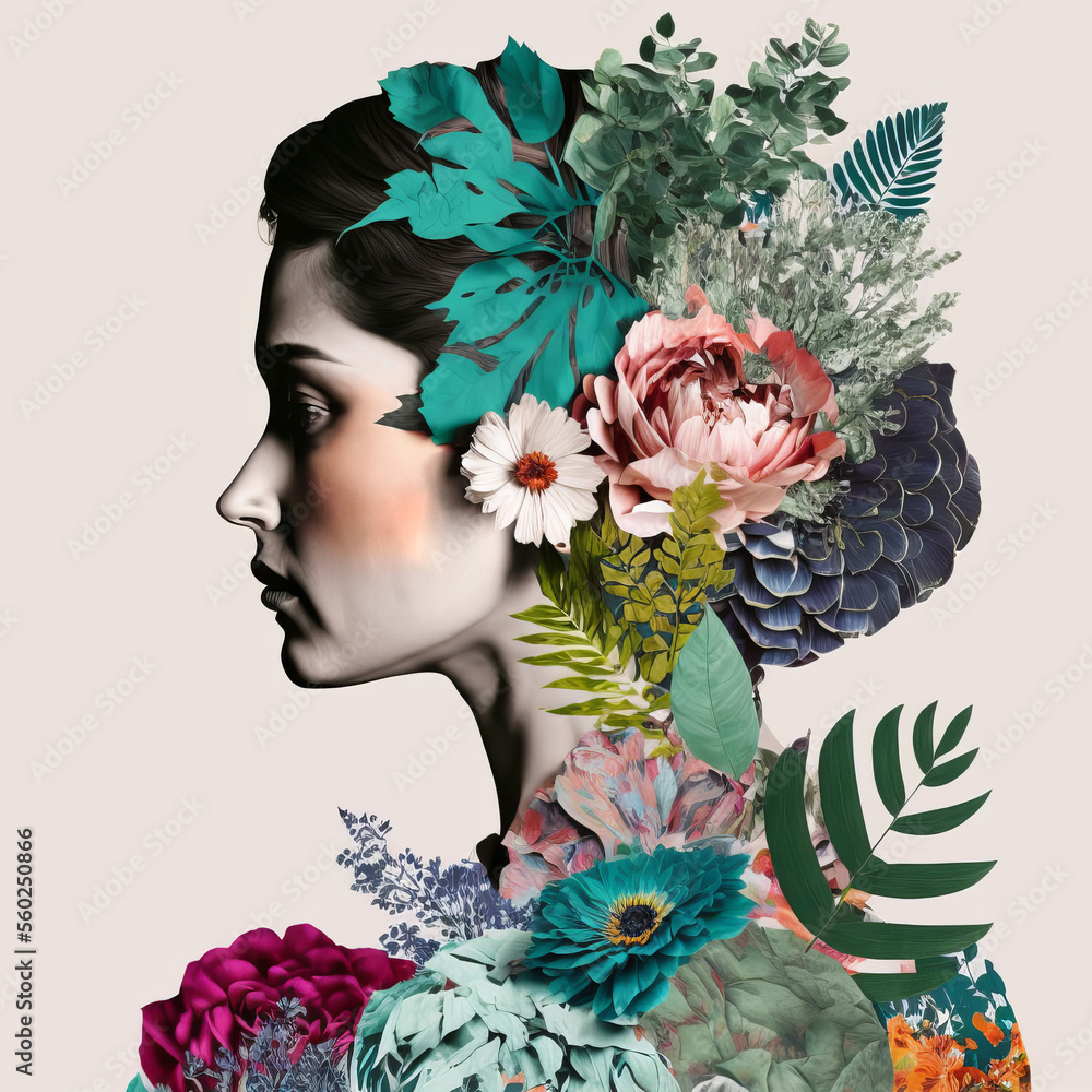 Portrait of a woman with lots of flowers. Abstract trendy art paper ...