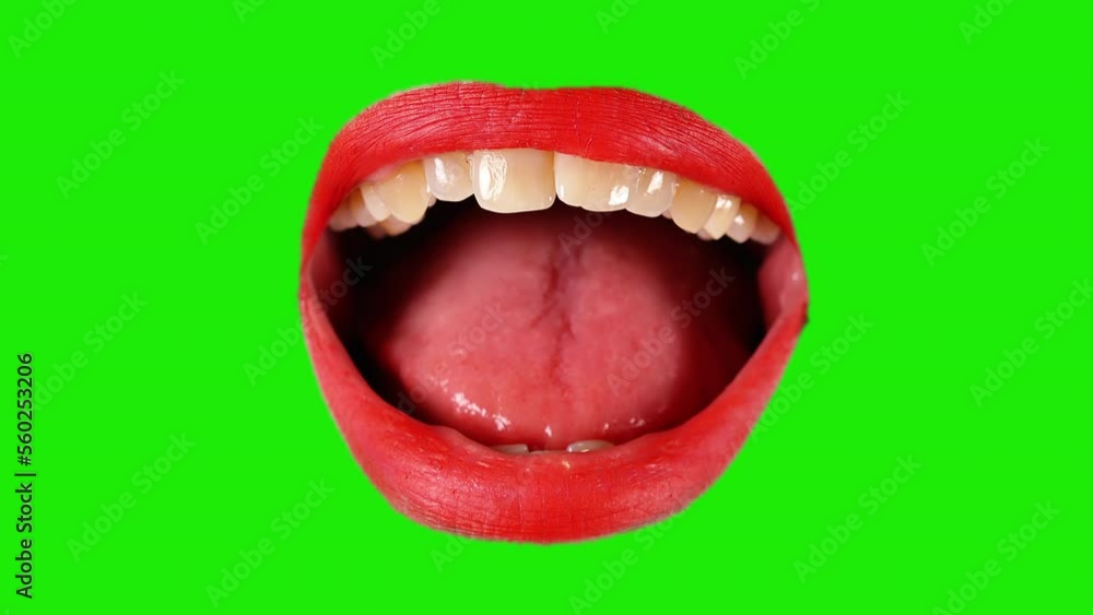 Happily Open Female Mouth Red Lipstick Green Screen Background. Happy ...