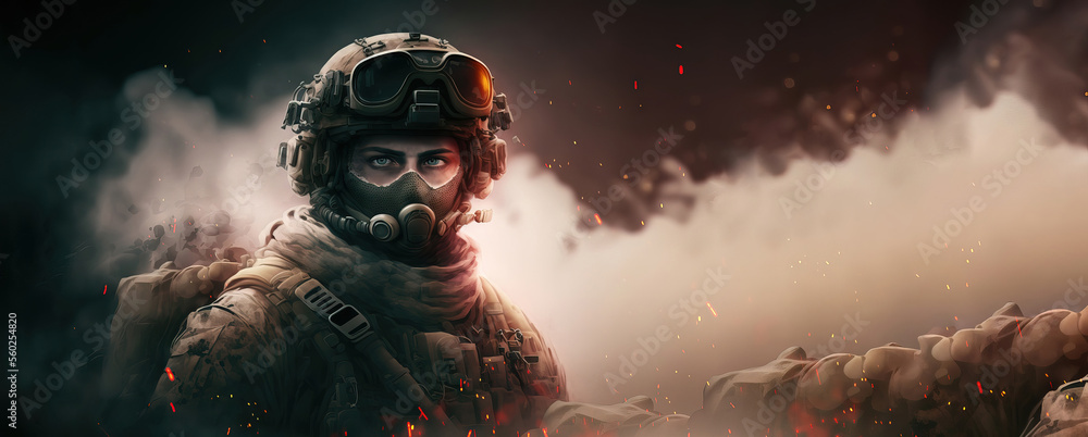 generic soldier in full army uniform in a warfare environment, wide ...