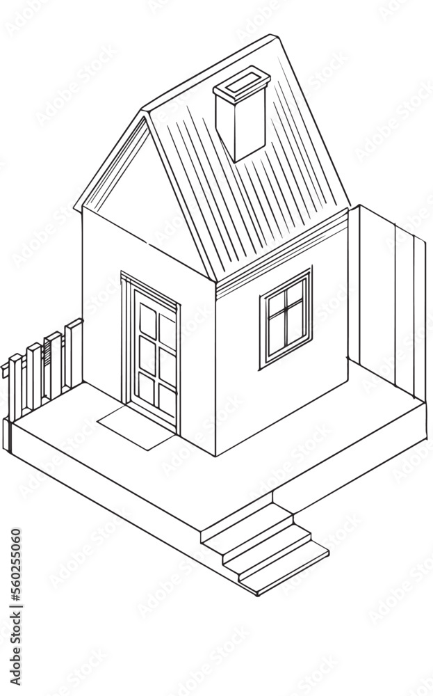 House sketch isometric drawing of a one-story house with a roof, a ...