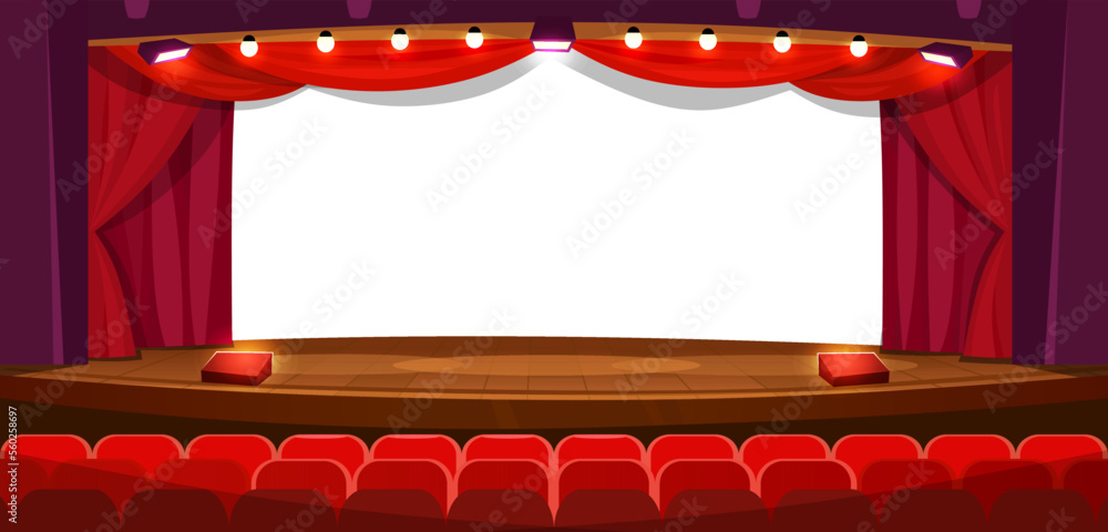 Empty theater stage or cinema with seats and a white screen. Movie ...