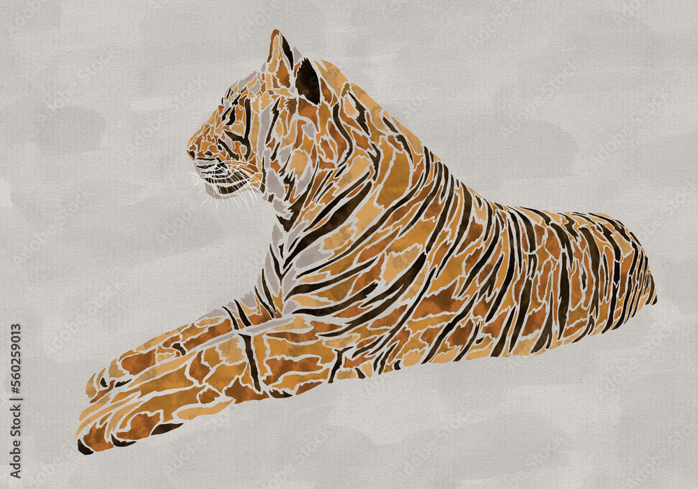 abstract design of a tiger lying in profile with texture of watercolor ...
