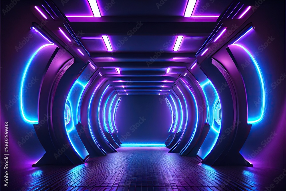 Sci-fi corridor in alien spaceship OR neon futuristic rave club hallway ...