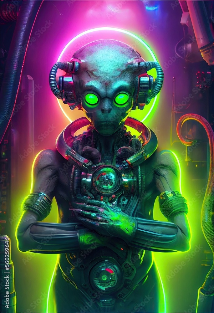 Neon alien, dressed like a raver, next to a glowing green nuclear ...