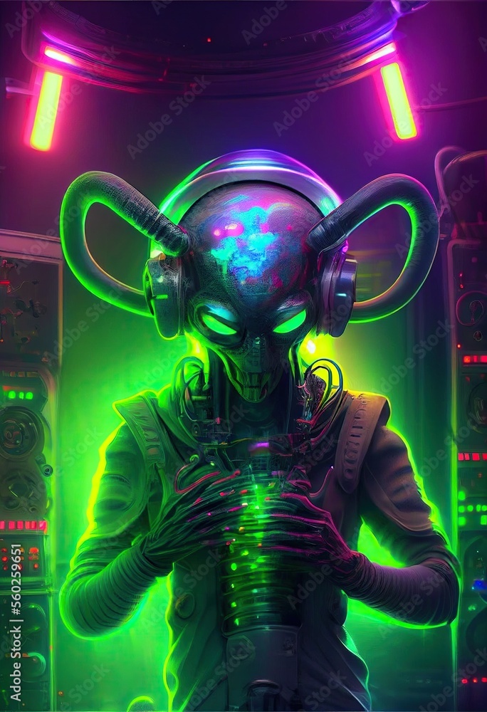 Neon alien, dressed like a raver, next to a glowing green nuclear ...