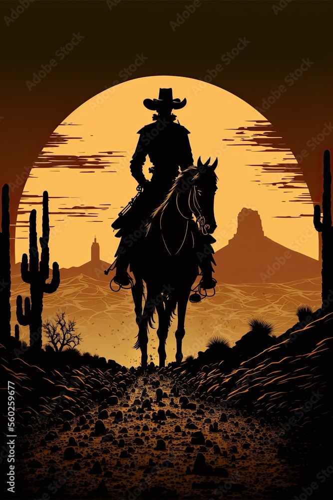 Silhouette of a lone outlaw riding into town, western, desert ...