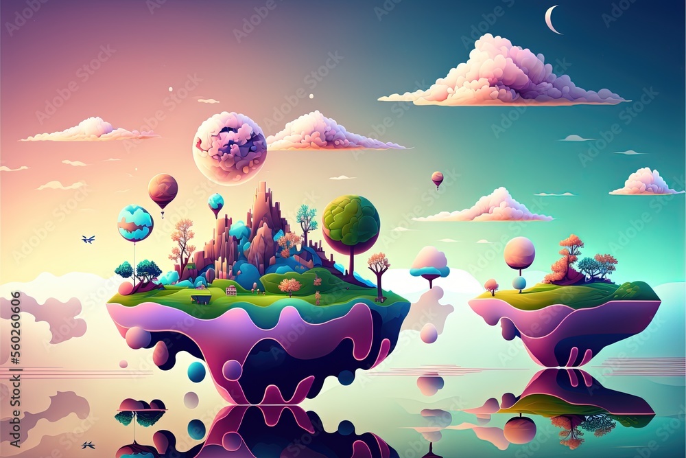 Stylised floating island low polygons illustration. Surreal psychedelic colours in a dreamlike ...