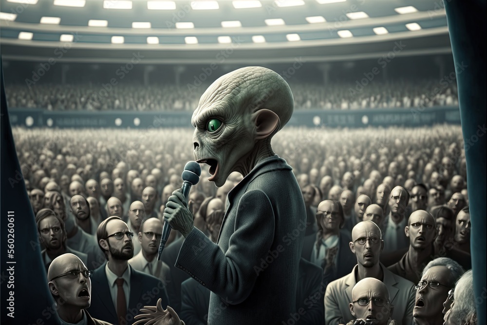 Alien giving a speech to a crowd of humans. First interaction of humans ...
