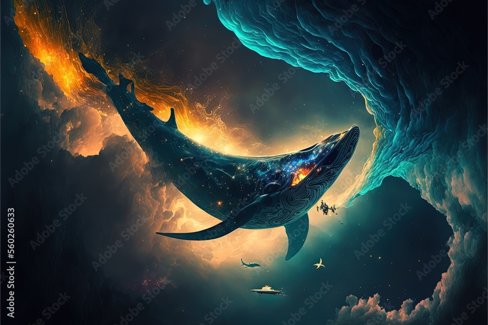 ภาพประกอบสต็อก Whale in space. Fantasy sci-fi illustration featuring an ...