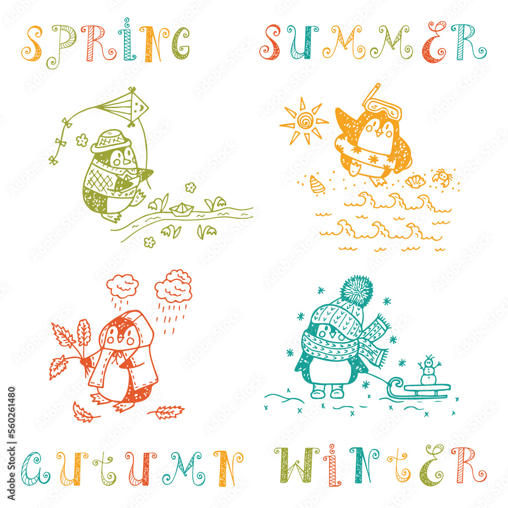 Hand drawn doodle Cute penguins. Birds set. Seasons set. Four seasons ...