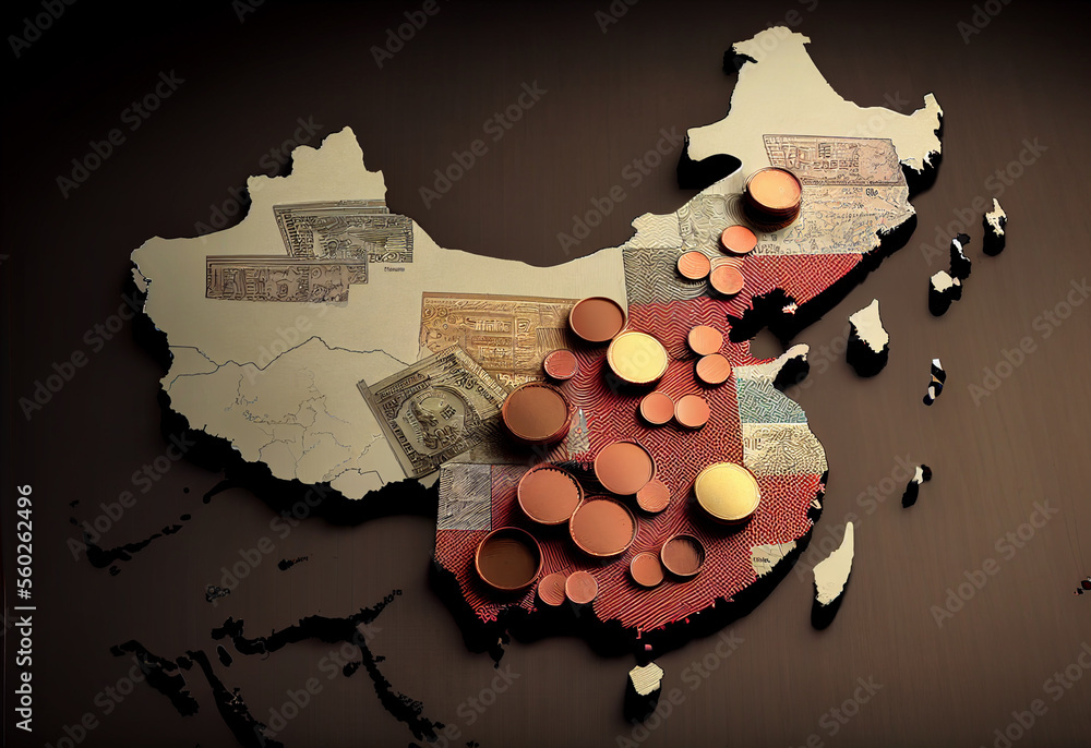 Country map of China with piles of money. China's Economic Concept ...