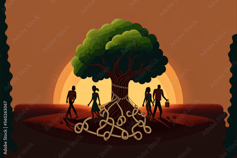 Black slaves surround a chained tree, breaking free, black people ...