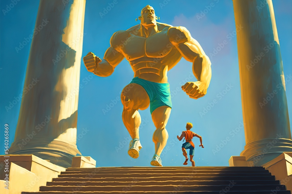 Man running on steps. Adventure boy running on steps to the giant ...