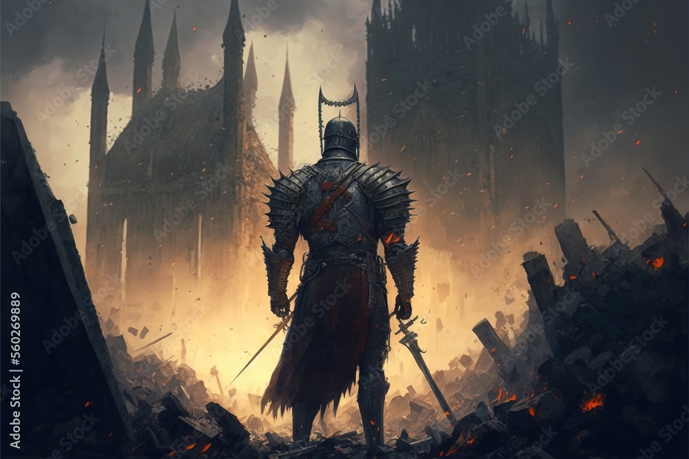 Knight with weapon. Knight with twin swords standing on the rubble of a ...