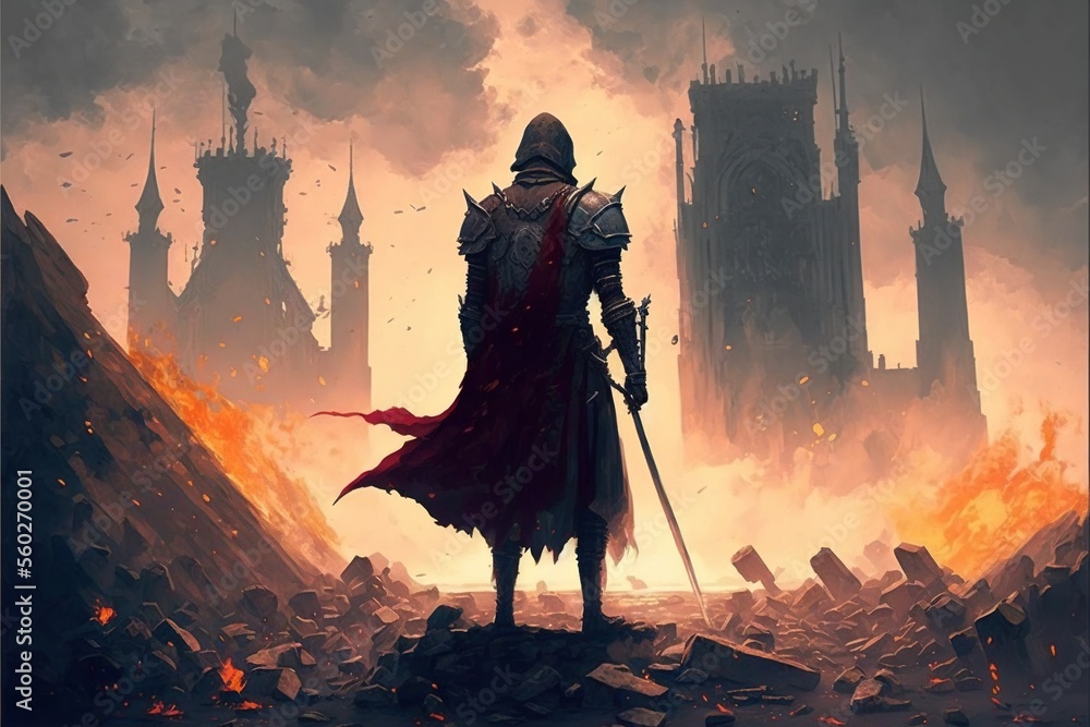 Knight with weapon. Knight with twin swords standing on the rubble of a ...