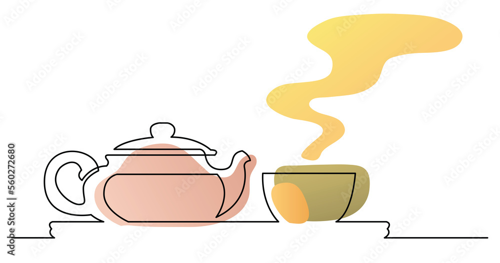 continuous line drawing of asian style tea pot and cup colored - PNG ...