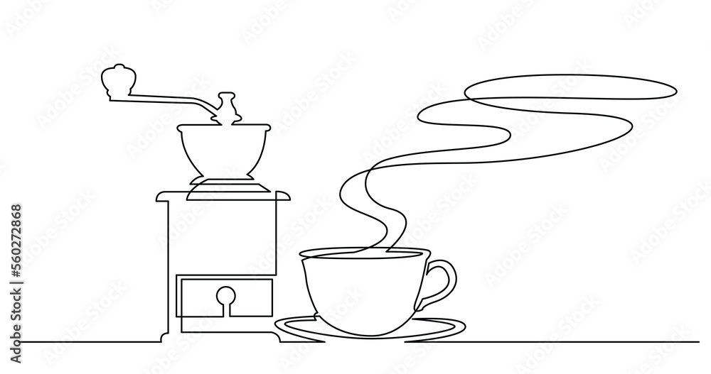 continuous line drawing of hot aroma cup of coffee and vintage manual ...