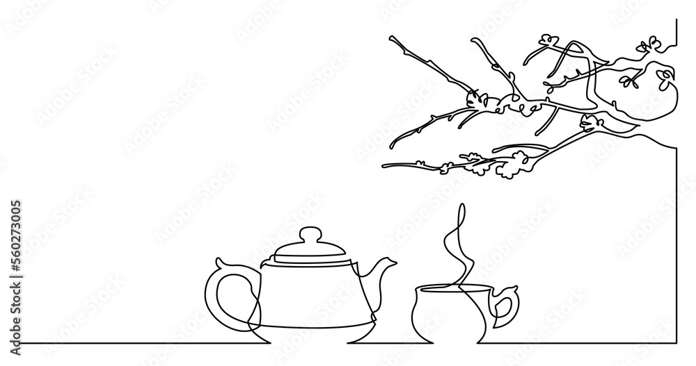 continuous line drawing of traditional oriental tea pot with cup under ...
