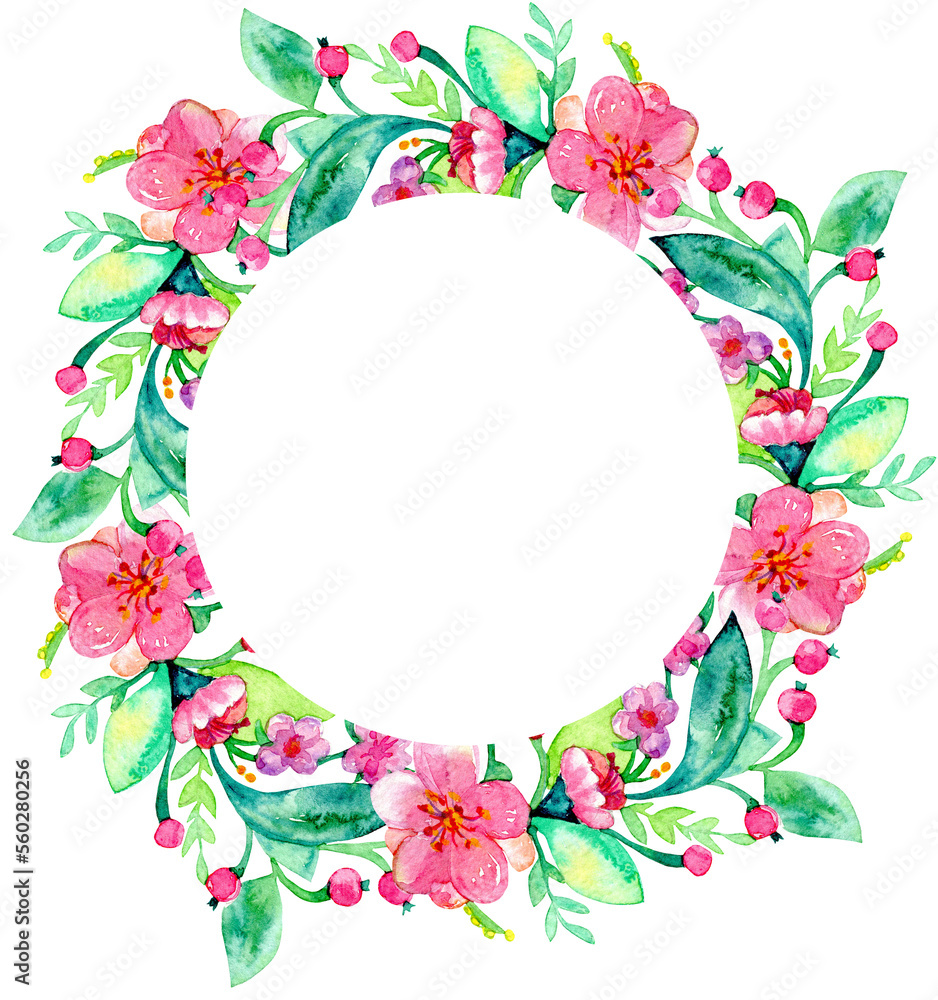 Watercolor frame border with leaves berries and flowers, spring summer ...