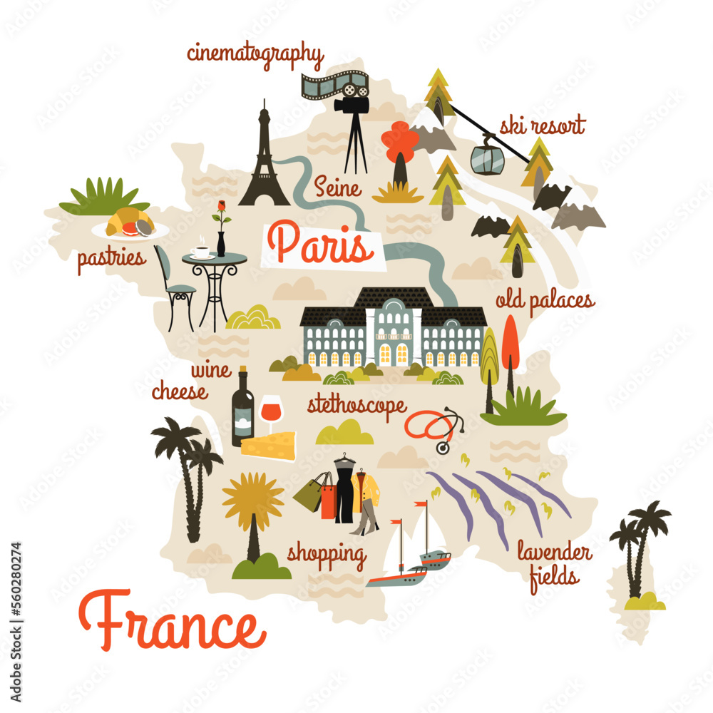 France map hand drawn in cartoon style. Cultural landmarks, national ...