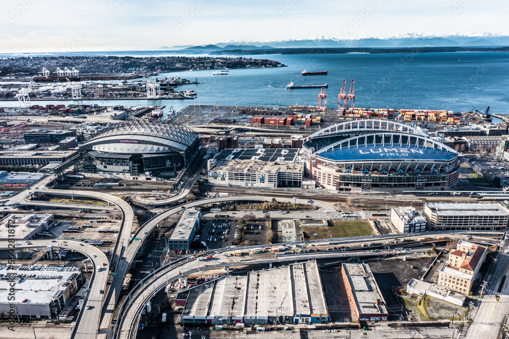 Seattle, Washington, USA - Jan. 2023, aerial view of Lumen Field and T ...