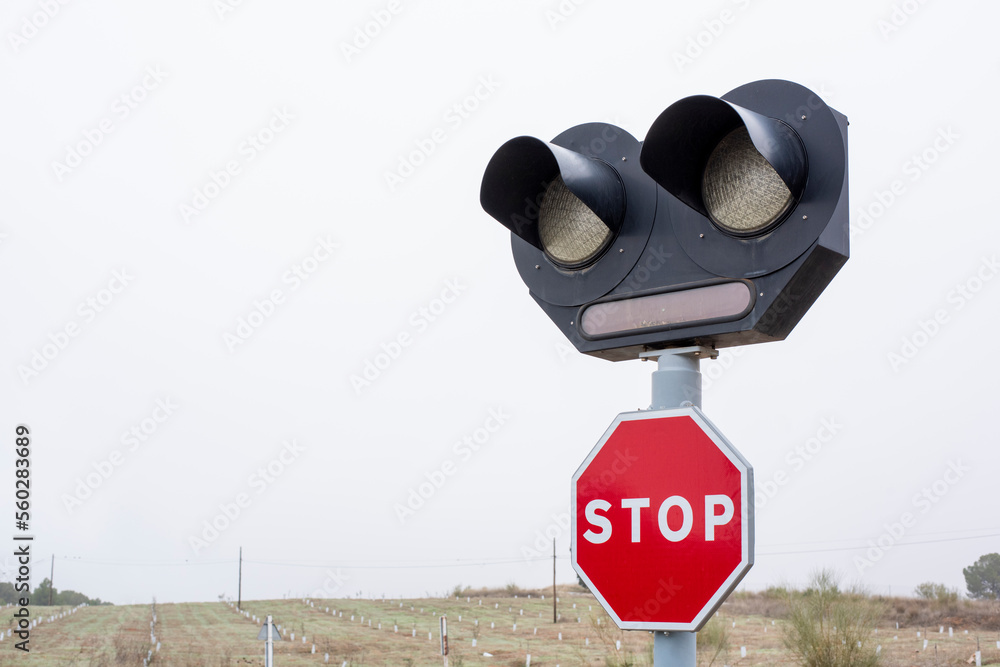 Señal de stop con semáforo en un paso a nivel del tren Stock Photo ...