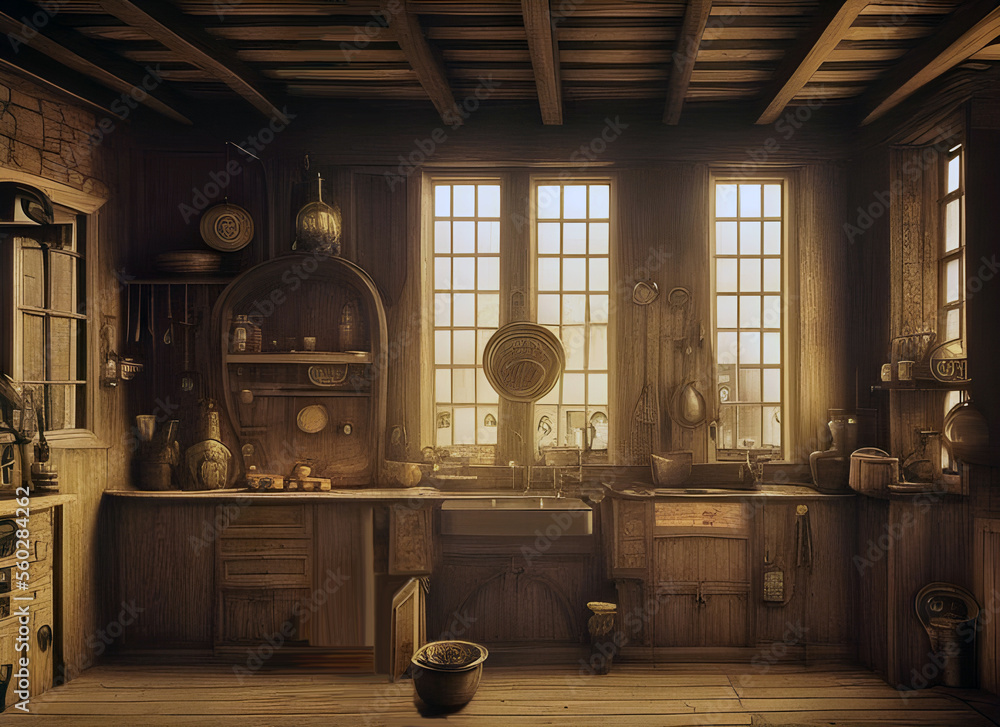 The interior of an old cluttered medieval period farmhouse kitchen with ...