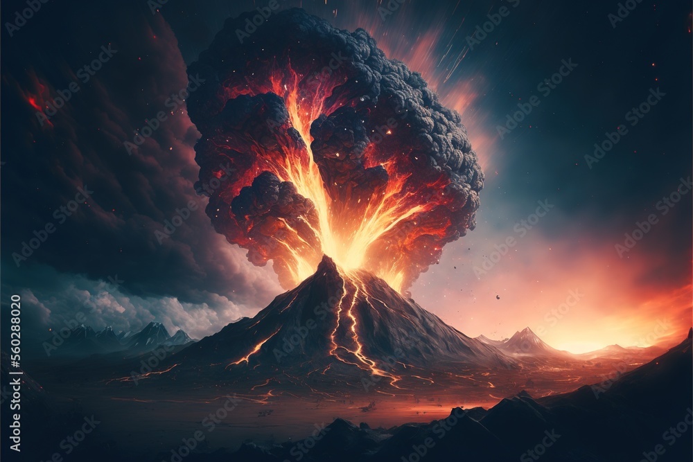 Vulcan eruption, destruction of mountain, lava crater in the rock ...