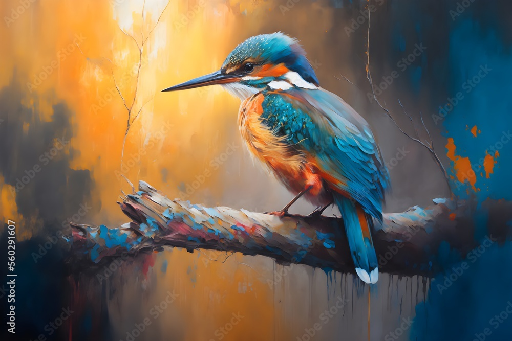 This realistic painting illustration, depicts a hummingbird perched on ...