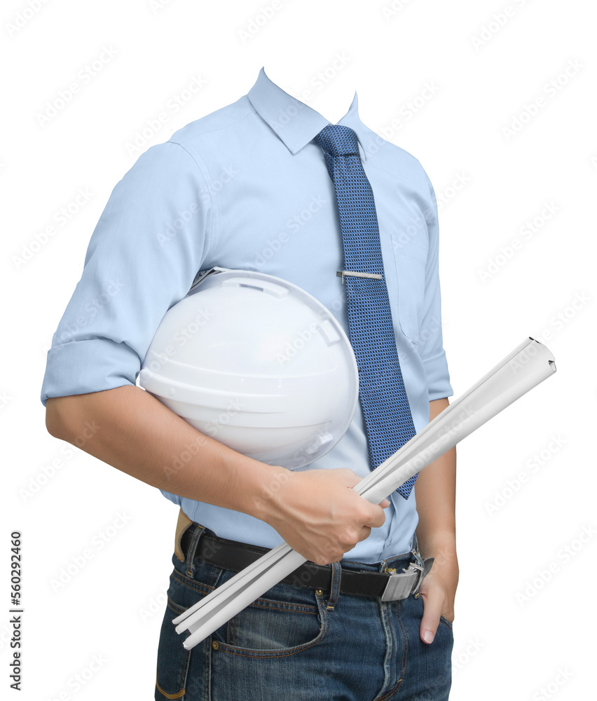Businessman Suit Engineer holding blueprint and safety helmet isolate ...