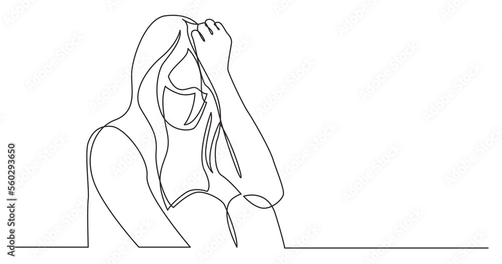 continuous line drawing addicted woman in despair wearing face mask ...