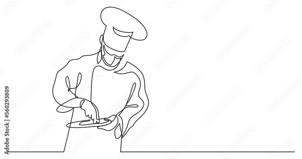 continuous line drawing chef cooking gourmet meal wearing face mask ...