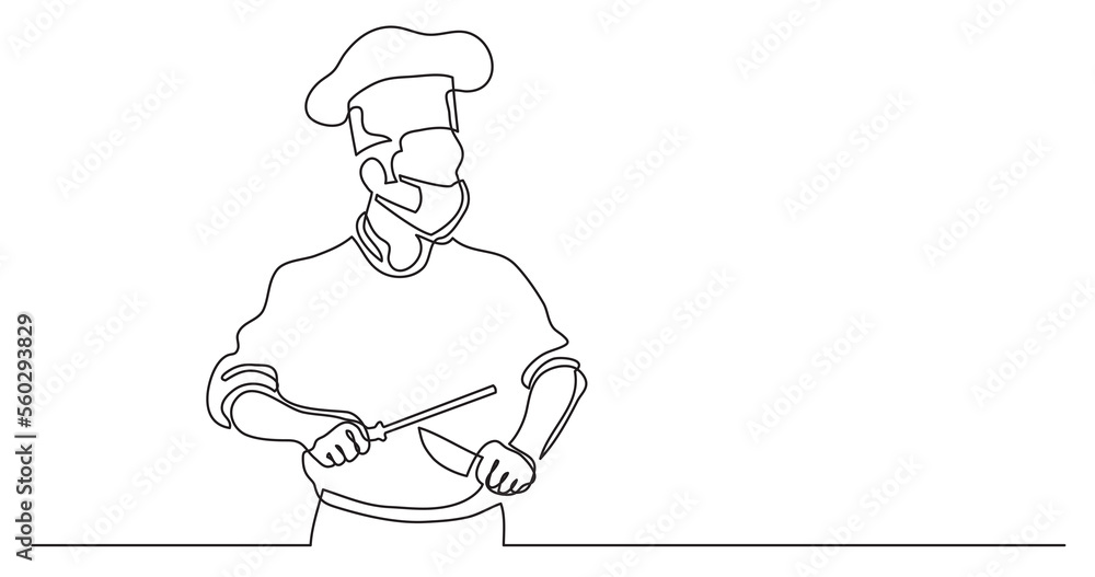 continuous line drawing chef sharpening knife wearing face mask - PNG ...