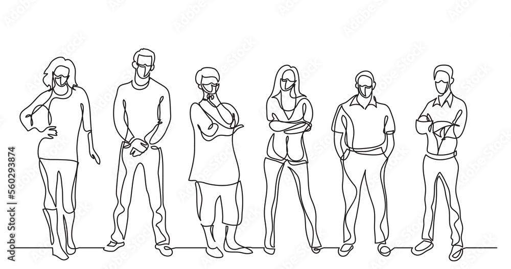 continuous line drawing diverse crowd of standing people wearing face ...