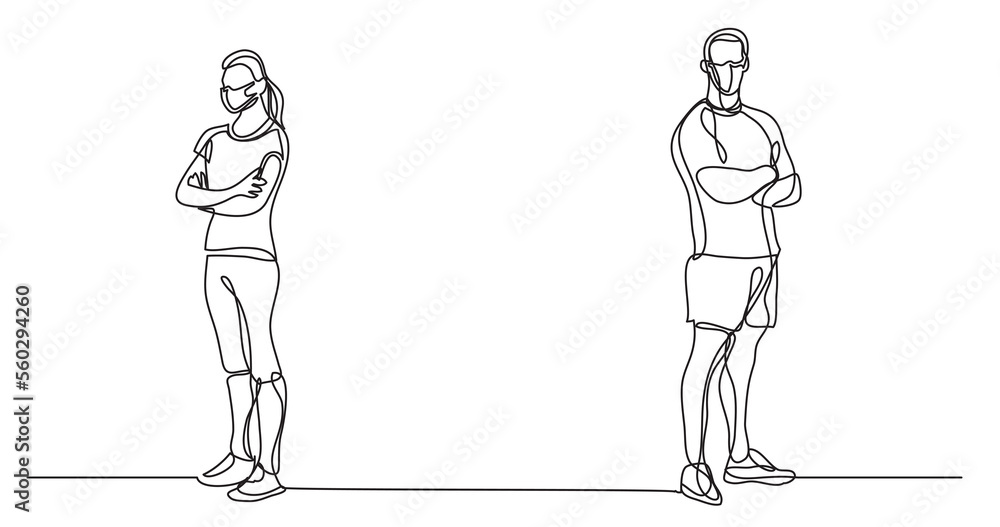 continuous line drawing man woman fitess instructors standing wearing ...