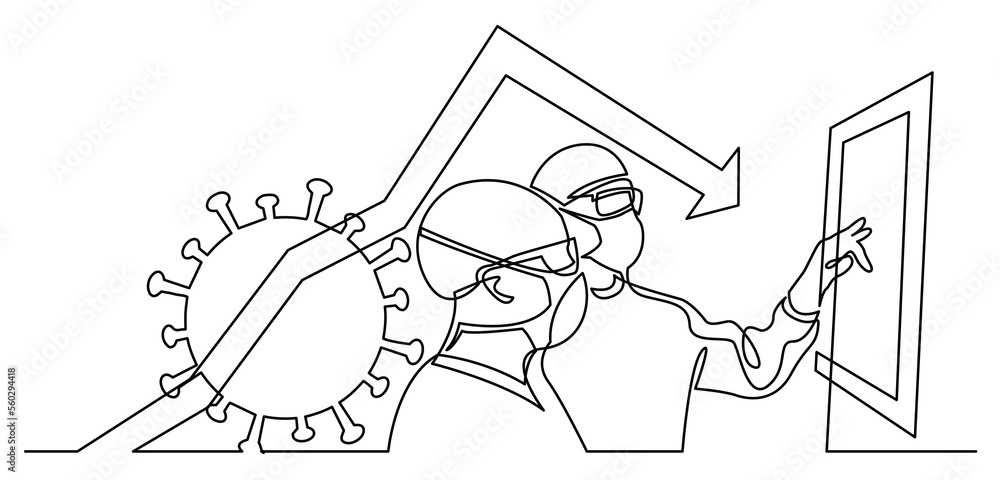continuous line drawing of healthcare professionals in mask analyzing ...