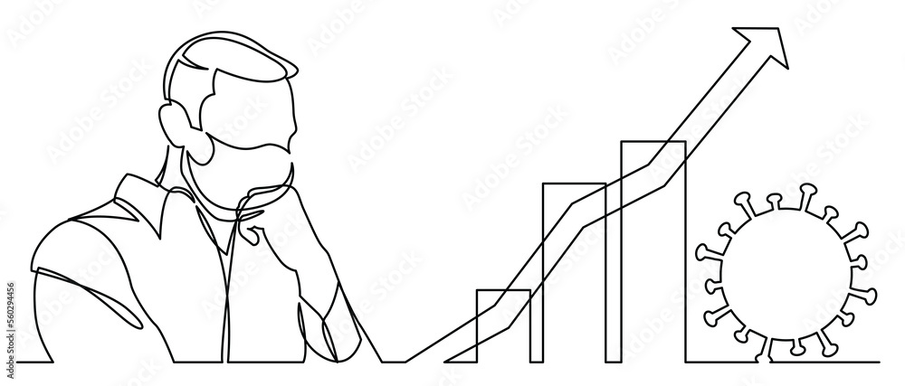 continuous line drawing of man in mask scared about growing number of ...
