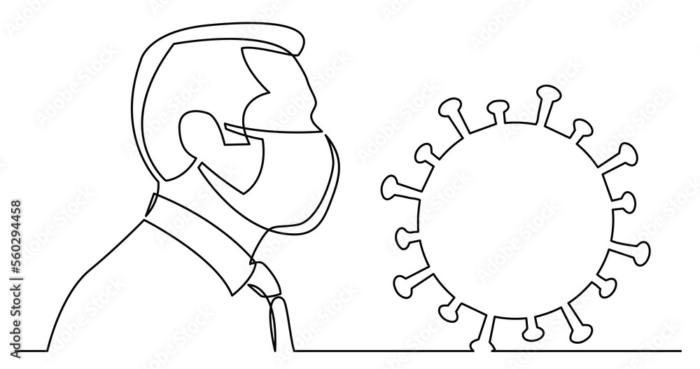 continuous line drawing of man in protective mask and coronavirus ...